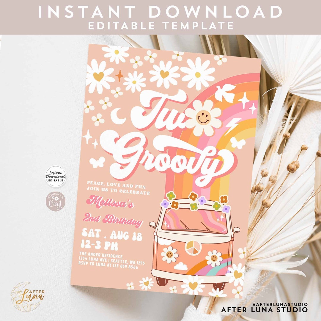 Editable TWO Groovy Girl Pink Peach Van Daisy Rainbow Groovy 2nd ...