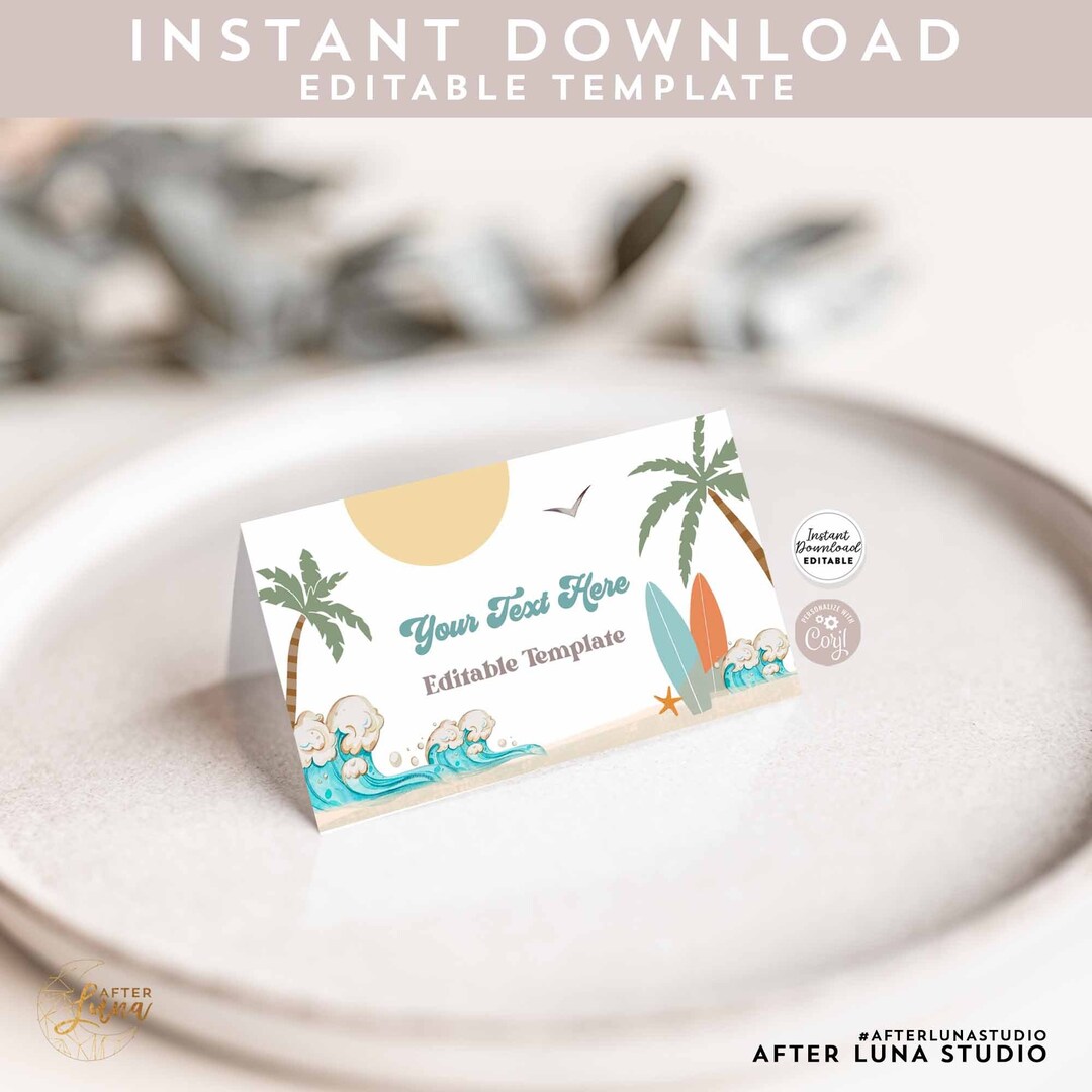 Editable Minimal Surfboard Beach Surf Surfing Birthday Folded Place ...