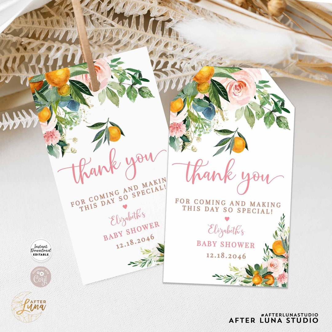 Editable Pink Orange Thank You Favor Tag 3.5x2" A Little Cutie Baby ...