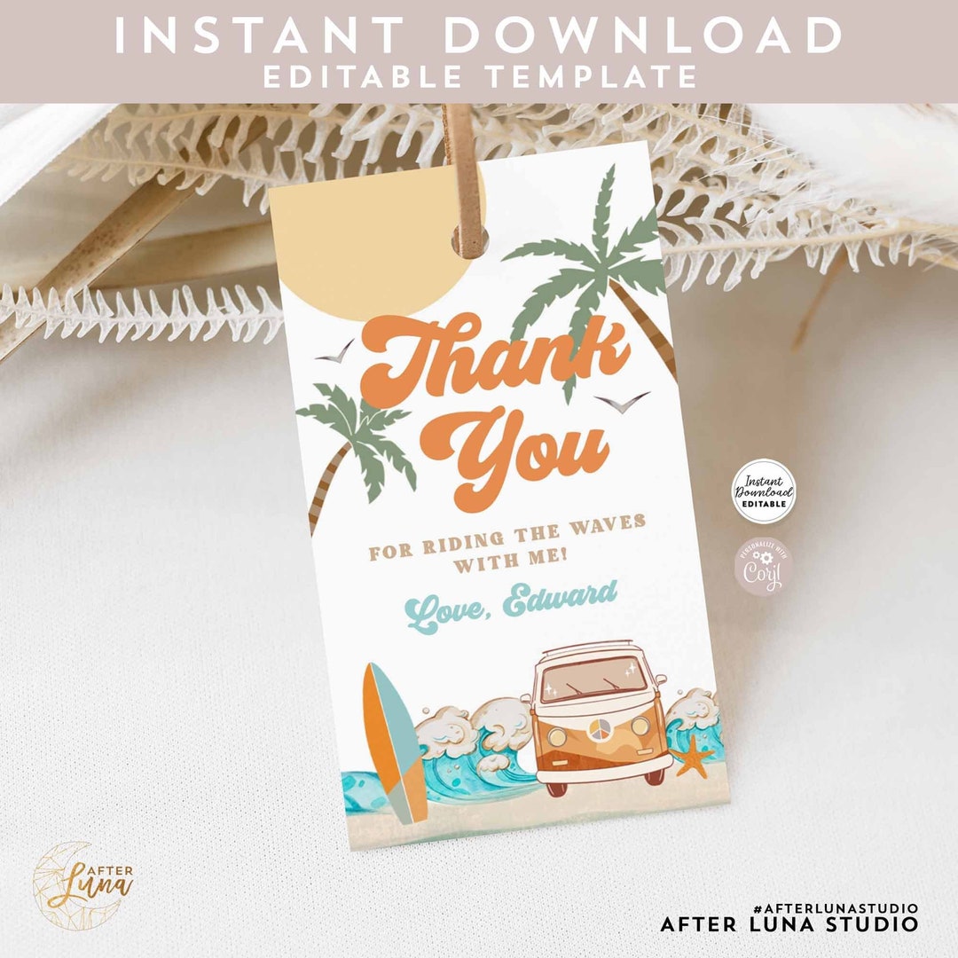 Editable Surf Orange Blue Tag the Big One Surf up Birthday Party Favor ...