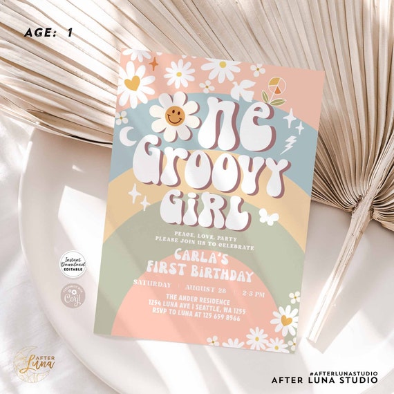 Editable Pastel Green Blue Peach Groovy ONE 1st Birthday - Etsy