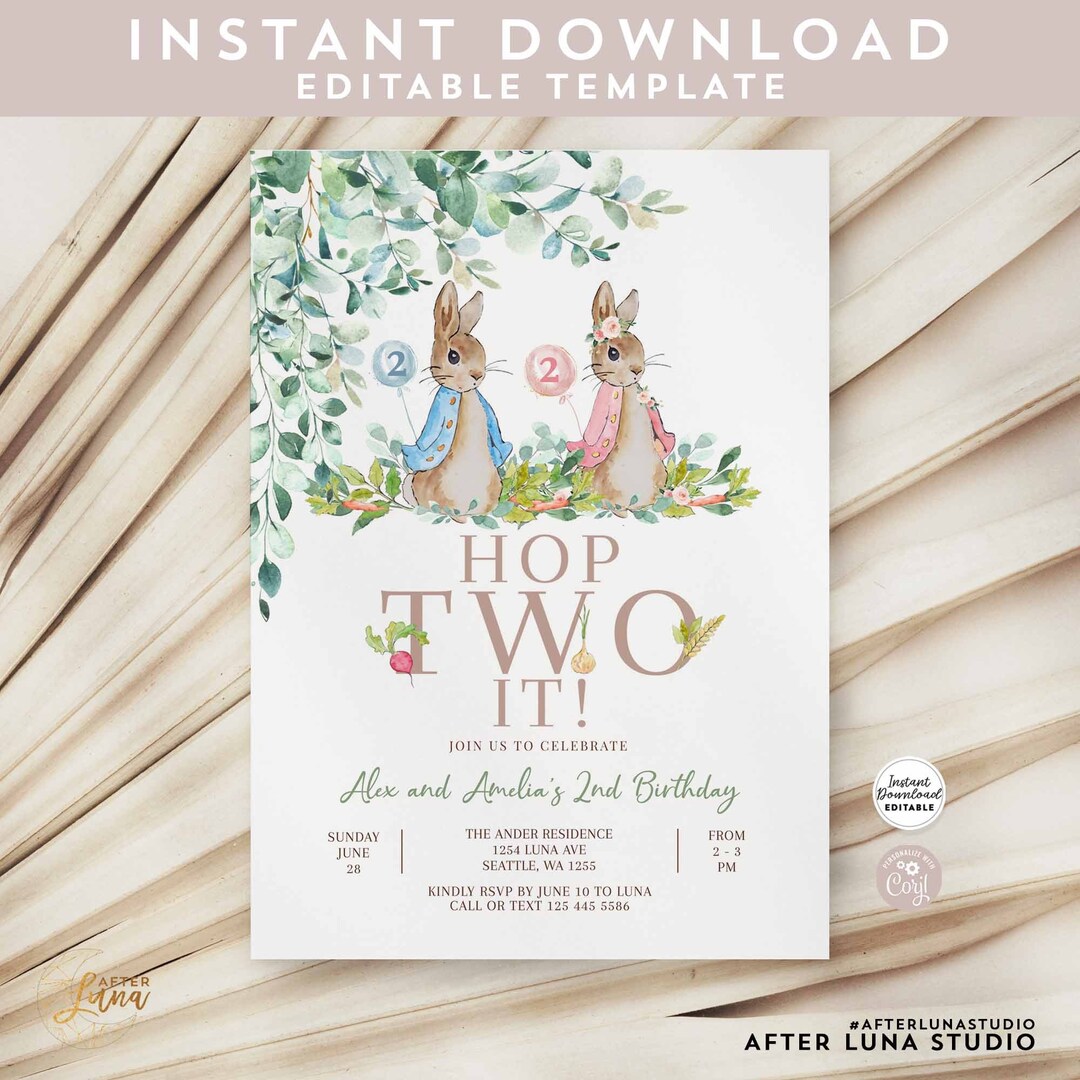 Editable 2nd Birthday Hop TWO It Twin Boy Girl Flopsy Peter Rabbit ...