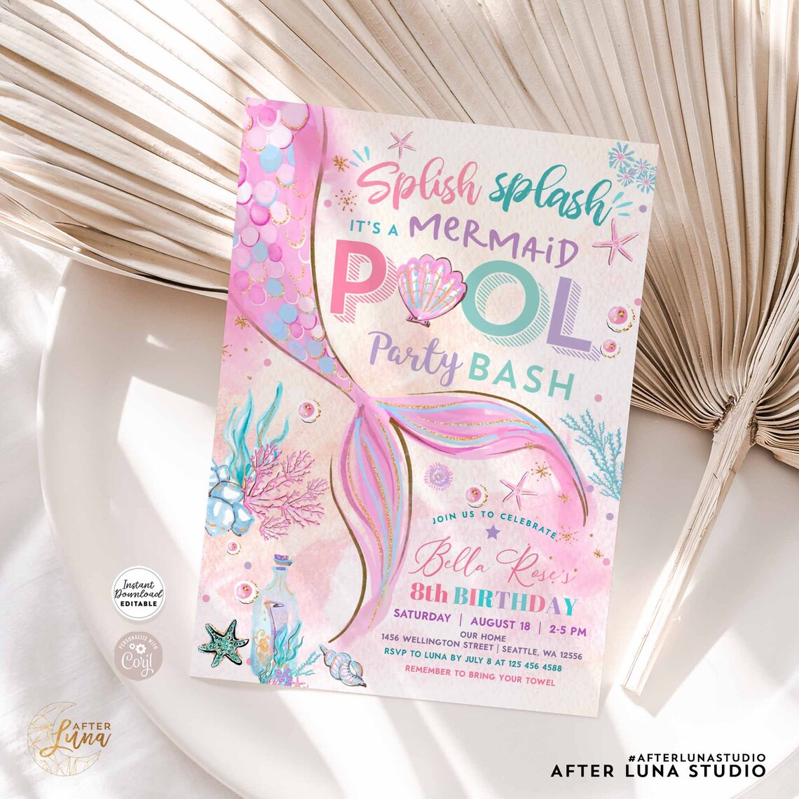 Editable Splish Splash Mermaid Pool Party Invitation Girl Birthday ...