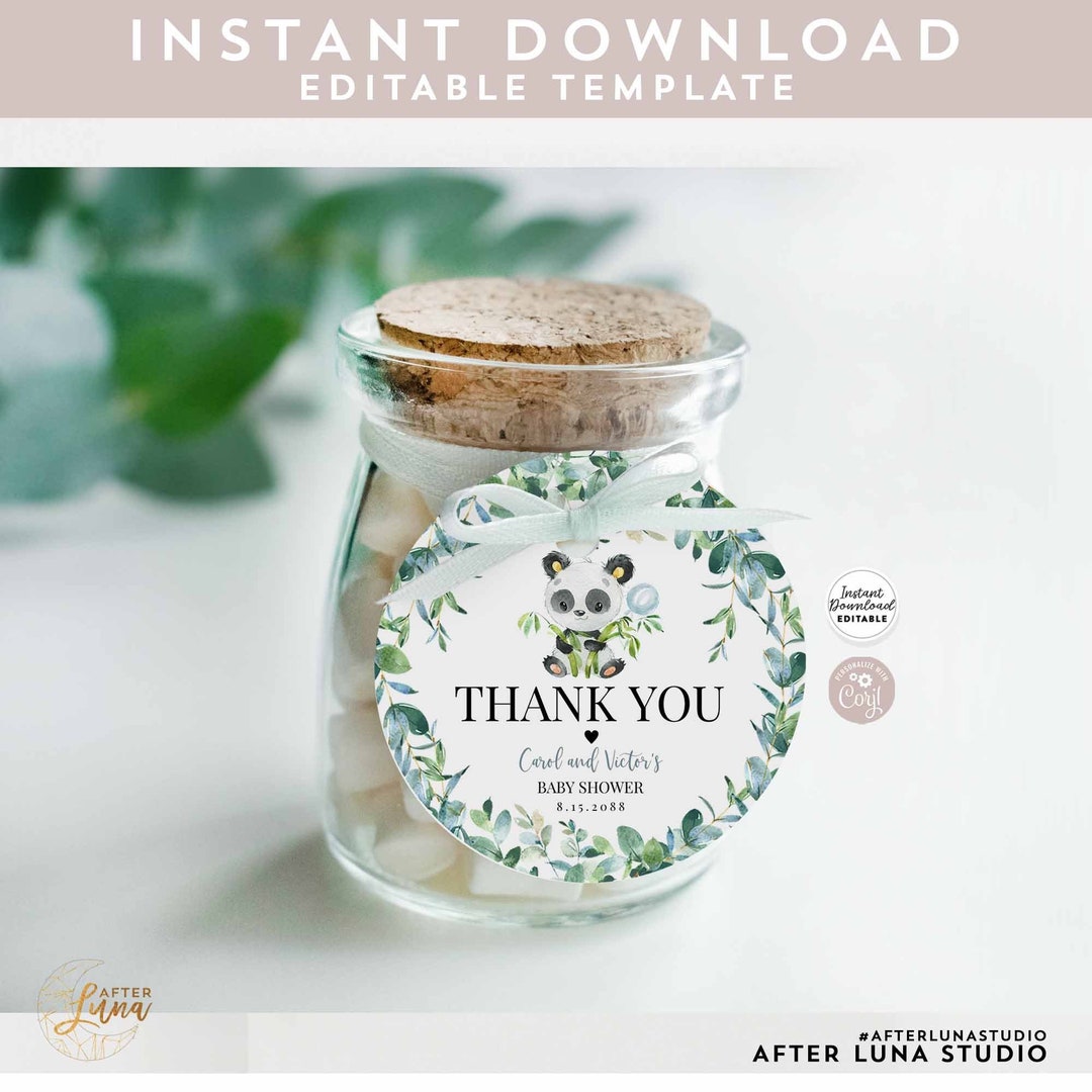 Editable Greenery Panda Boy Birthday Thank You Favor Round Circle Tag ...