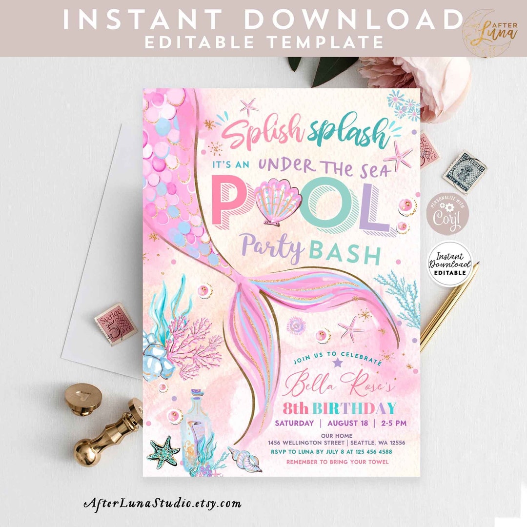 Editable Mermaid Under the Sea Pool Party Invitation Girl Birthday ...