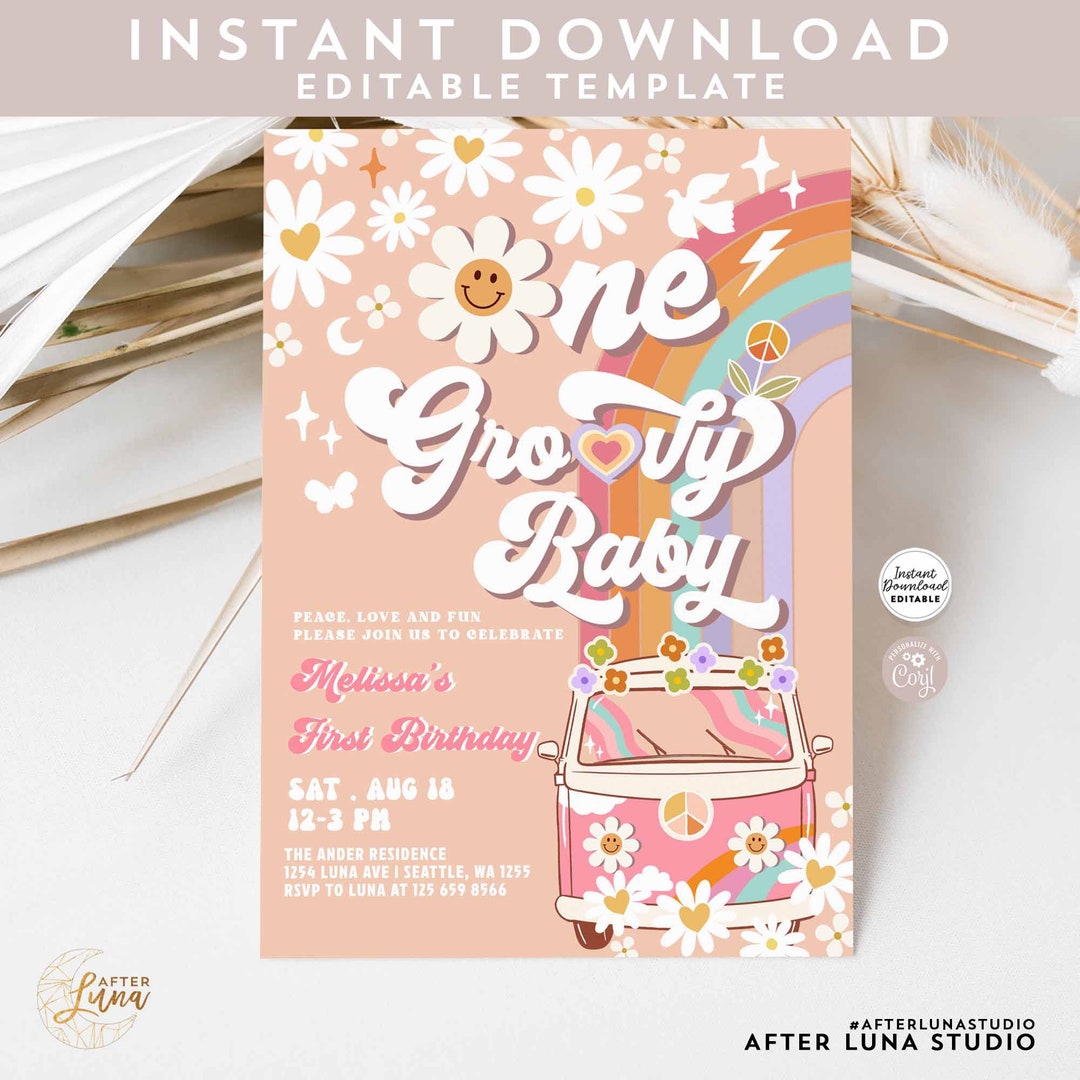 Editable Pink One Groovy Baby Daisy Rainbow Groovy Van 1st - Etsy