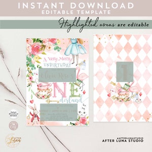 Editable Alice in Wonderland Merry Unbirthday Alice in Onederland 1st ...