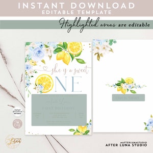Editable Blue Lemonade First Birthday Invitation Sweet One Lemon ...