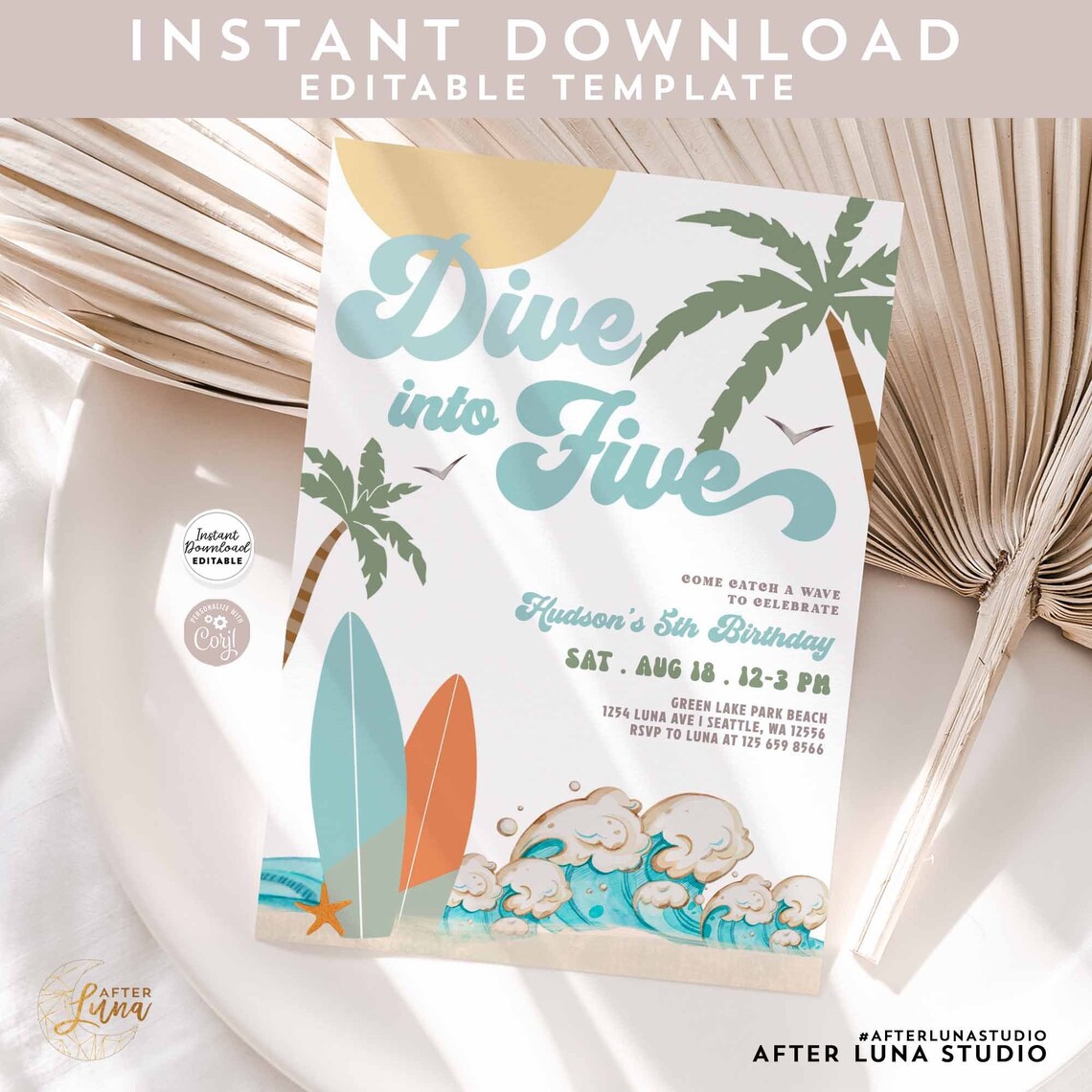 Editable Boy Dive Into Five Surfing 5th Birthday Party Invitation Retro ...