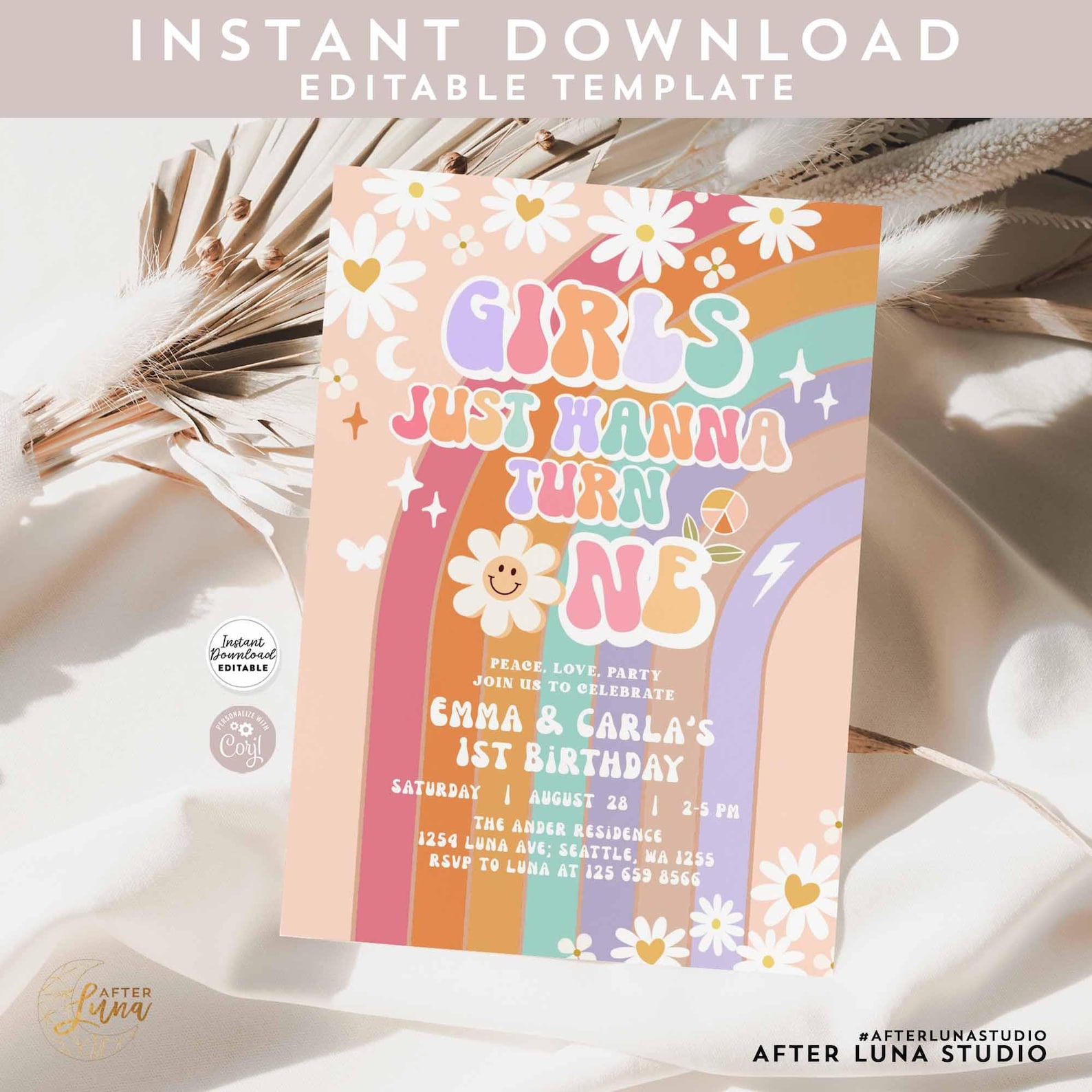 Editable Girls Just Wanna Turn One Invite Twin Daisy Rainbow Groovy 1st ...