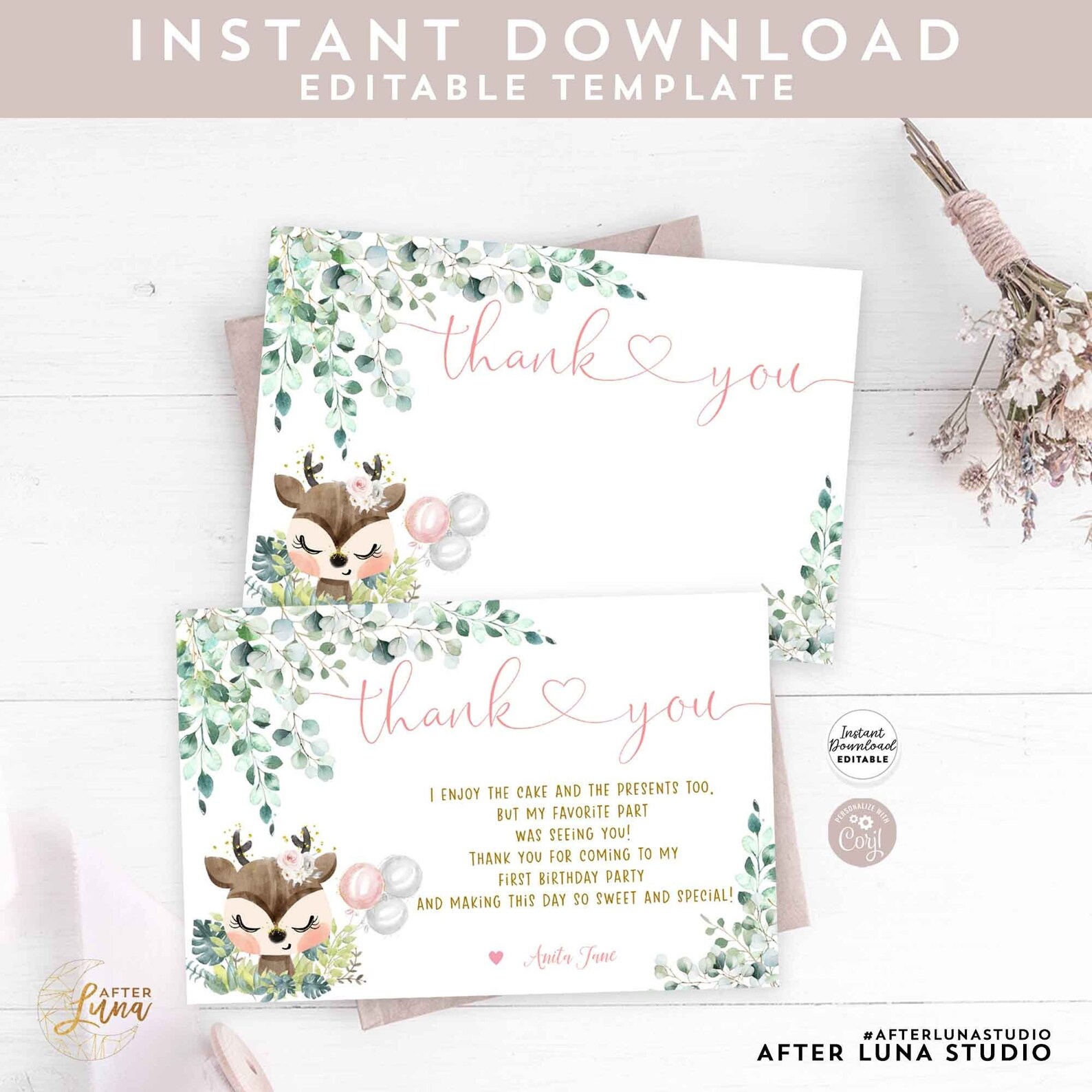 Editable Greenery Pink Deer Birthday Thank You Flat Note Card - Etsy