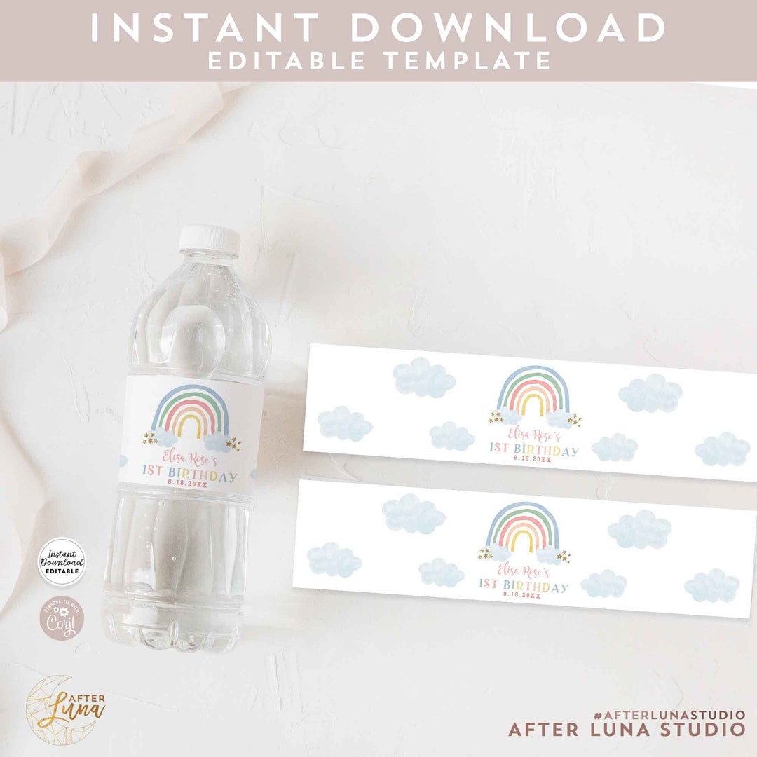Editable Pastel Rainbow Birthday Water Bottle Label Over the Rainbow ...