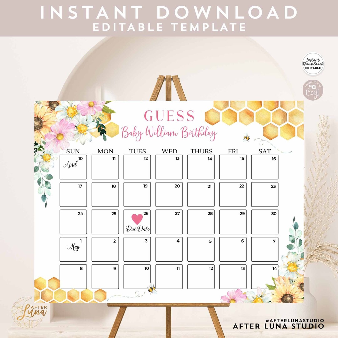 Editable Sunflower Pink Daisy Rustic Honey Bee White Floral Due Date ...