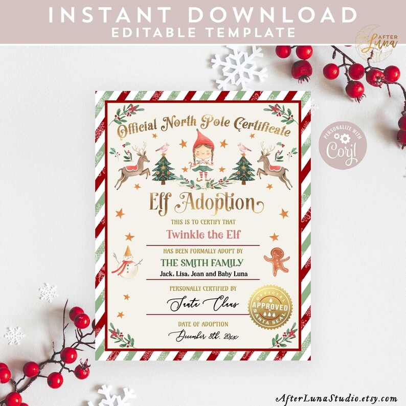 EDITABLE Girl Elf Adoption Certificate Editable Printable Elf - Etsy