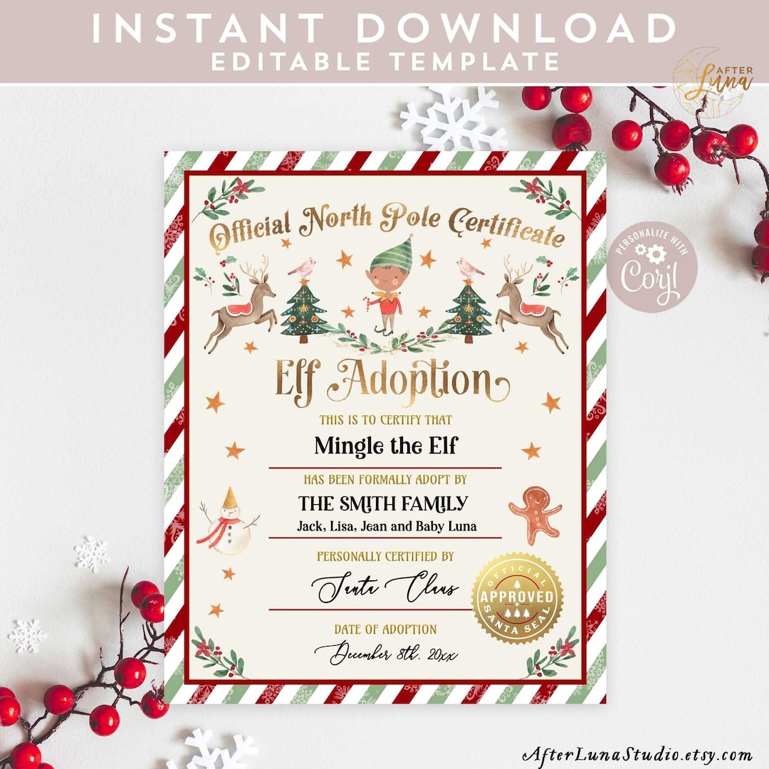 EDITABLE Boy Elf Adoption Certificate Editable Printable Elf Adoption ...