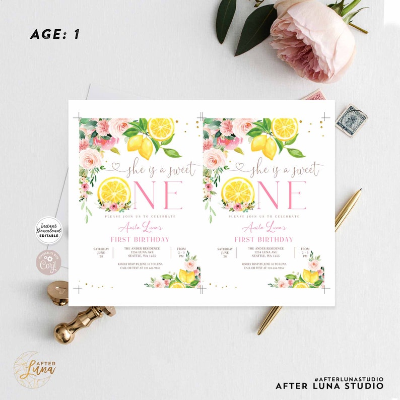 Editable Pink Lemonade First Birthday Invitation Sweet One - Etsy