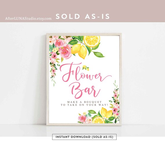 Pink Floral Lemon Flower Bar Sign Printable Citrus Lemon She - Etsy