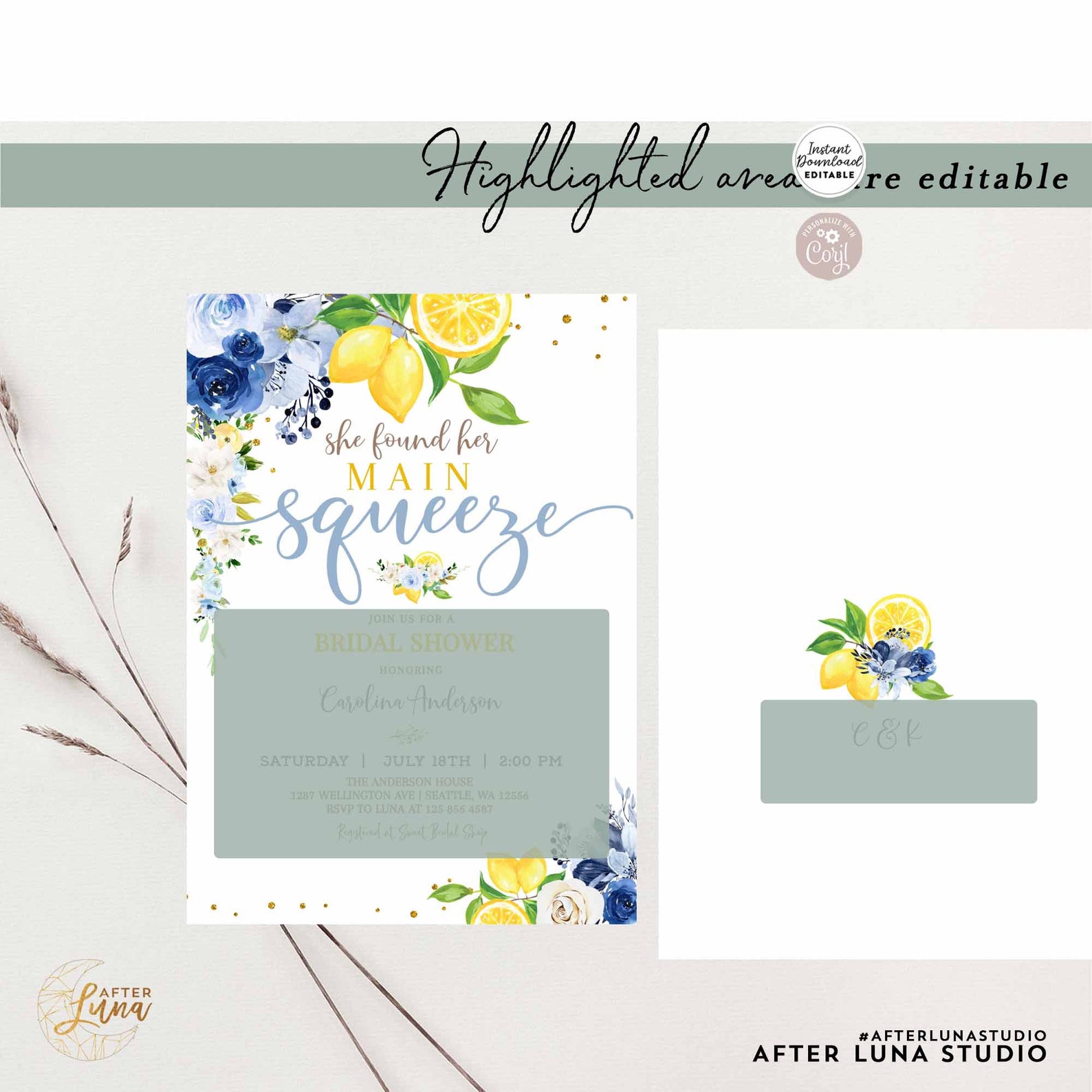 Editable Blue Lemon Bridal Shower Invitation Blue Floral Citrus She ...