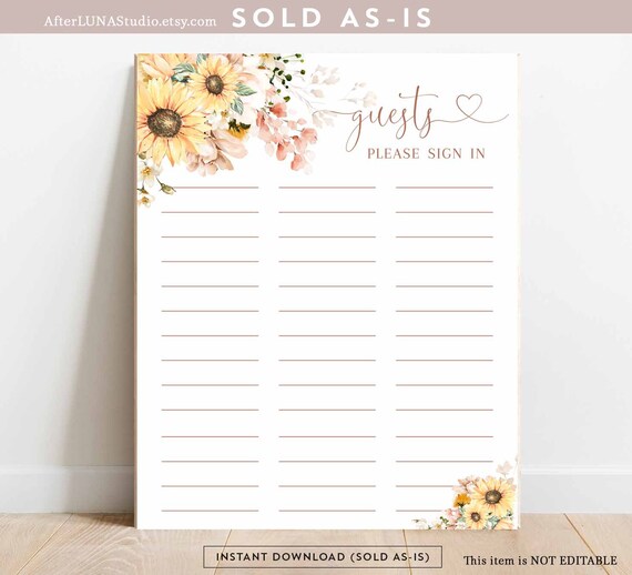 Sunflower Wildflower Guest Sign in Sheet Sign Sunflower Baby | Etsy