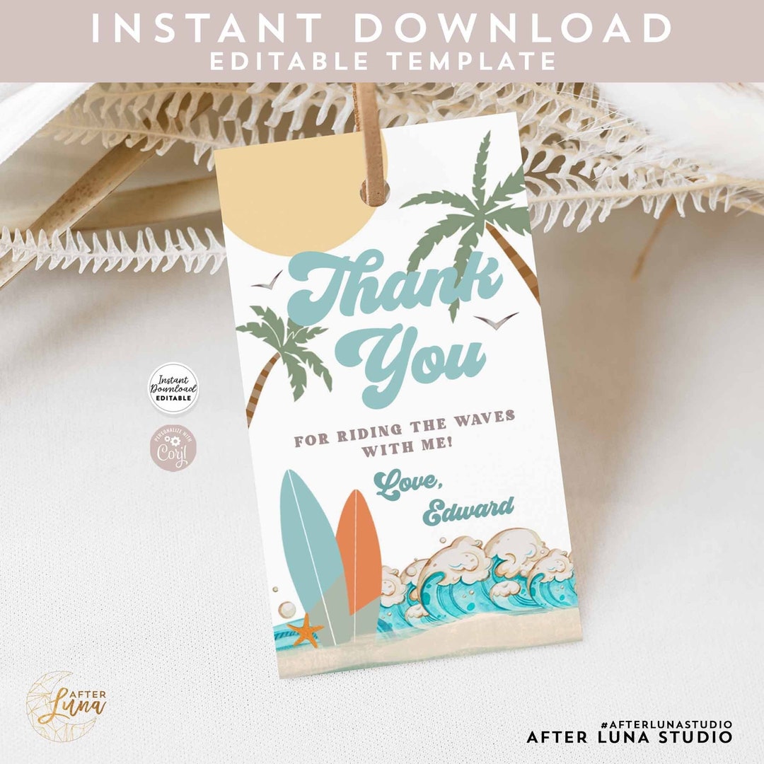 Editable Surf Tag Boy the Big One Surf up Birthday Party Favor Label ...