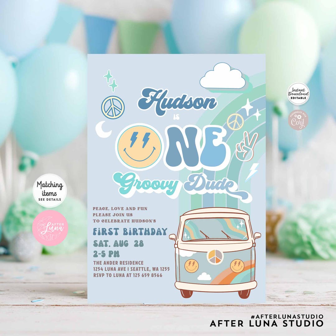Editable Boy One Groovy Dude Groovy Van Rainbow 1st Birthday Invite ...