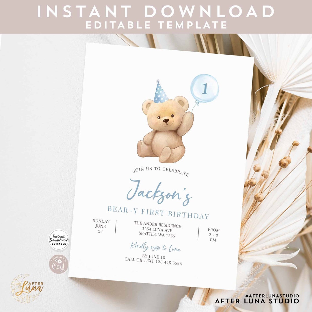 Editable ANY AGE Boy Teddy Bear Birthday Invitation Blue Balloon Beary ...