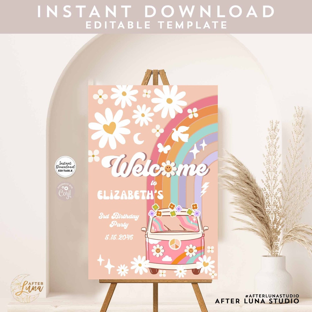 Editable Groovy Pink Van Party Decor Welcome Sign Daisy Groovy Rainbow ...