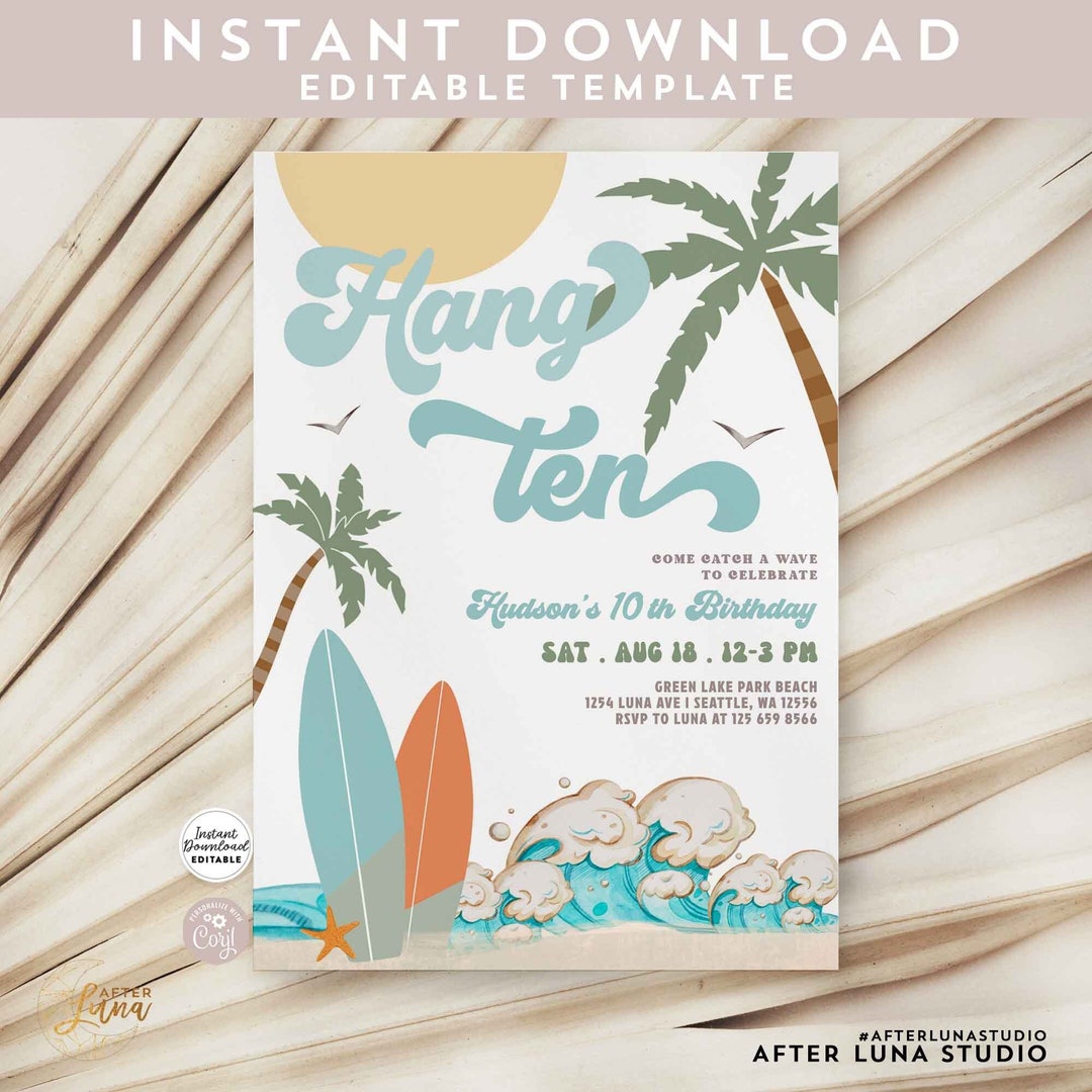 Editable ANY AGE Boy Surf Surfing Birthday Party Invitation Retro Boy ...