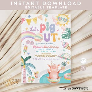 Editable Pig Out Summer Pool Party Girl Pig Pool Party Birthday ...