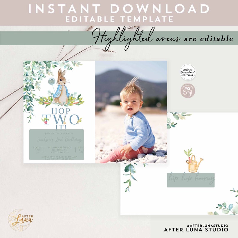 Editable Hop TWO It Peter Rabbit 2nd Birthday Photo Invitation Boy ...