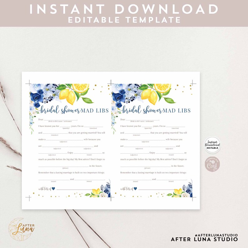 Editable Lemon Blue Floral Bridal Shower Mad Libs Bridal Shower ...