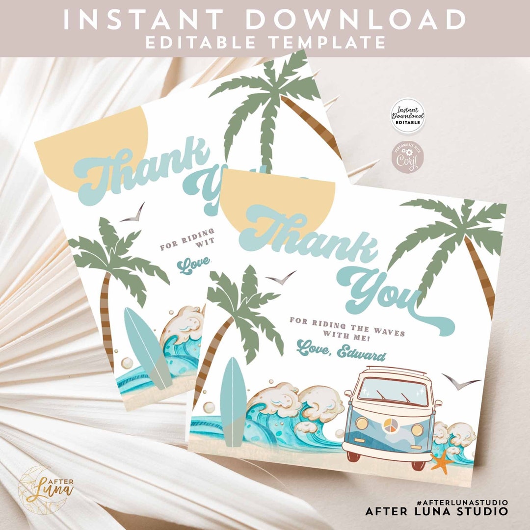 Editable Surf SQUARE Tag Boy the Big One Surf up Beach Birthday Party ...