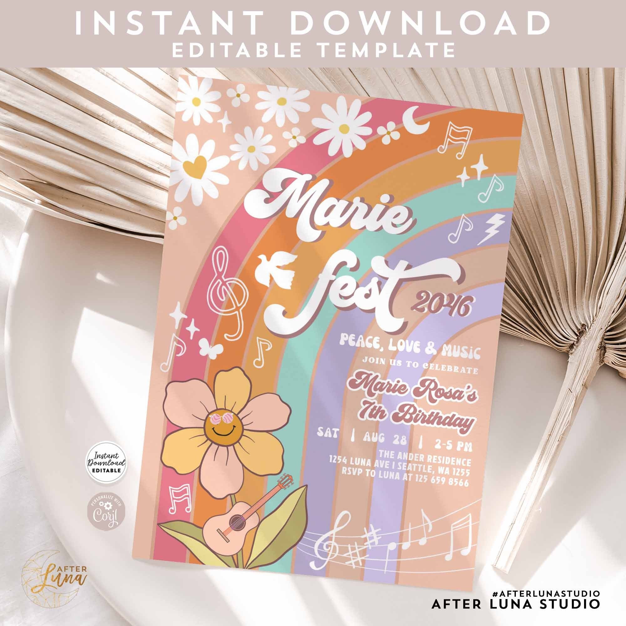 Editable Rainbow Music Festival Birthday Party Invitation Flower Power ...