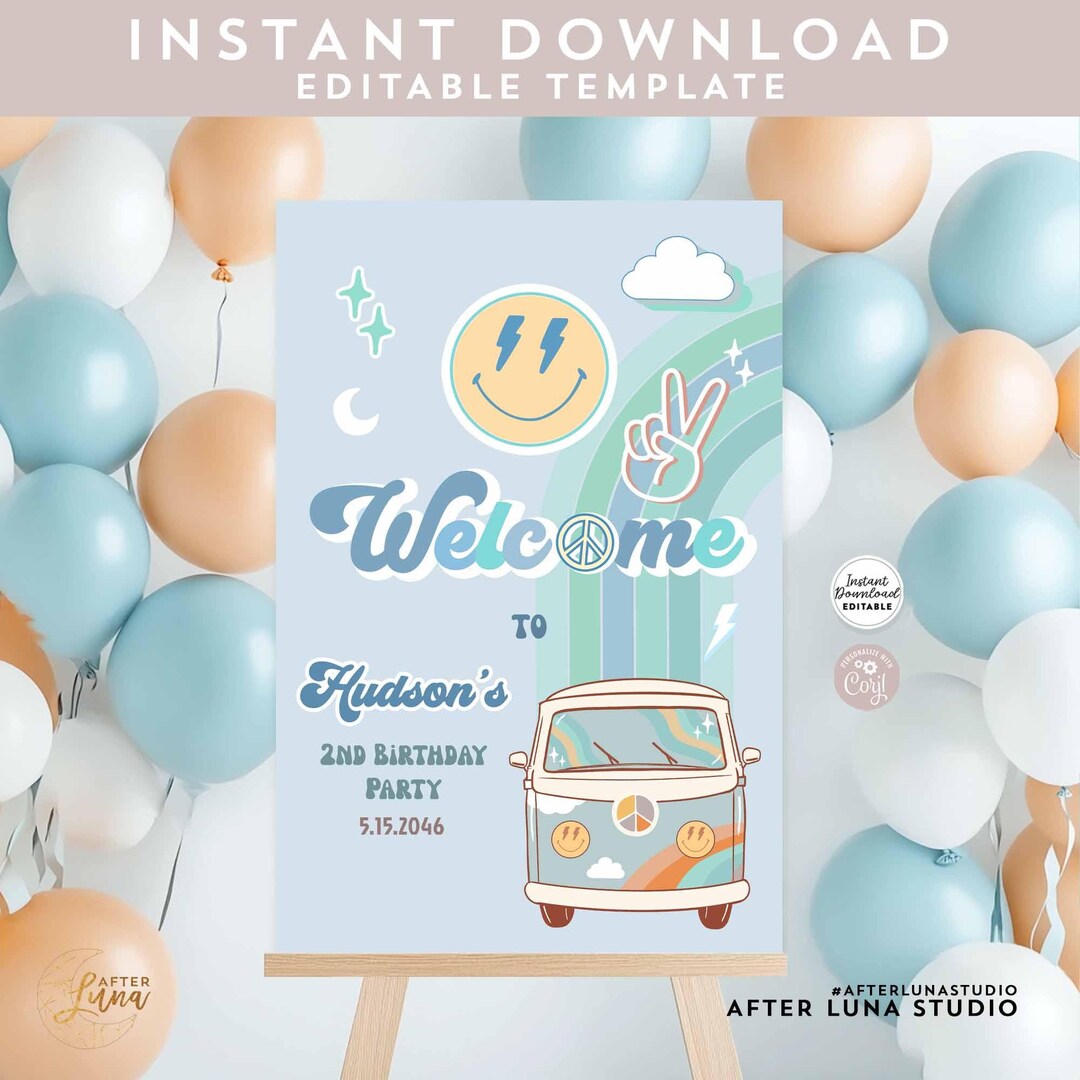 Editable Groovy Van Party Decor Welcome Sign Happy Groovy Rainbow Blue ...