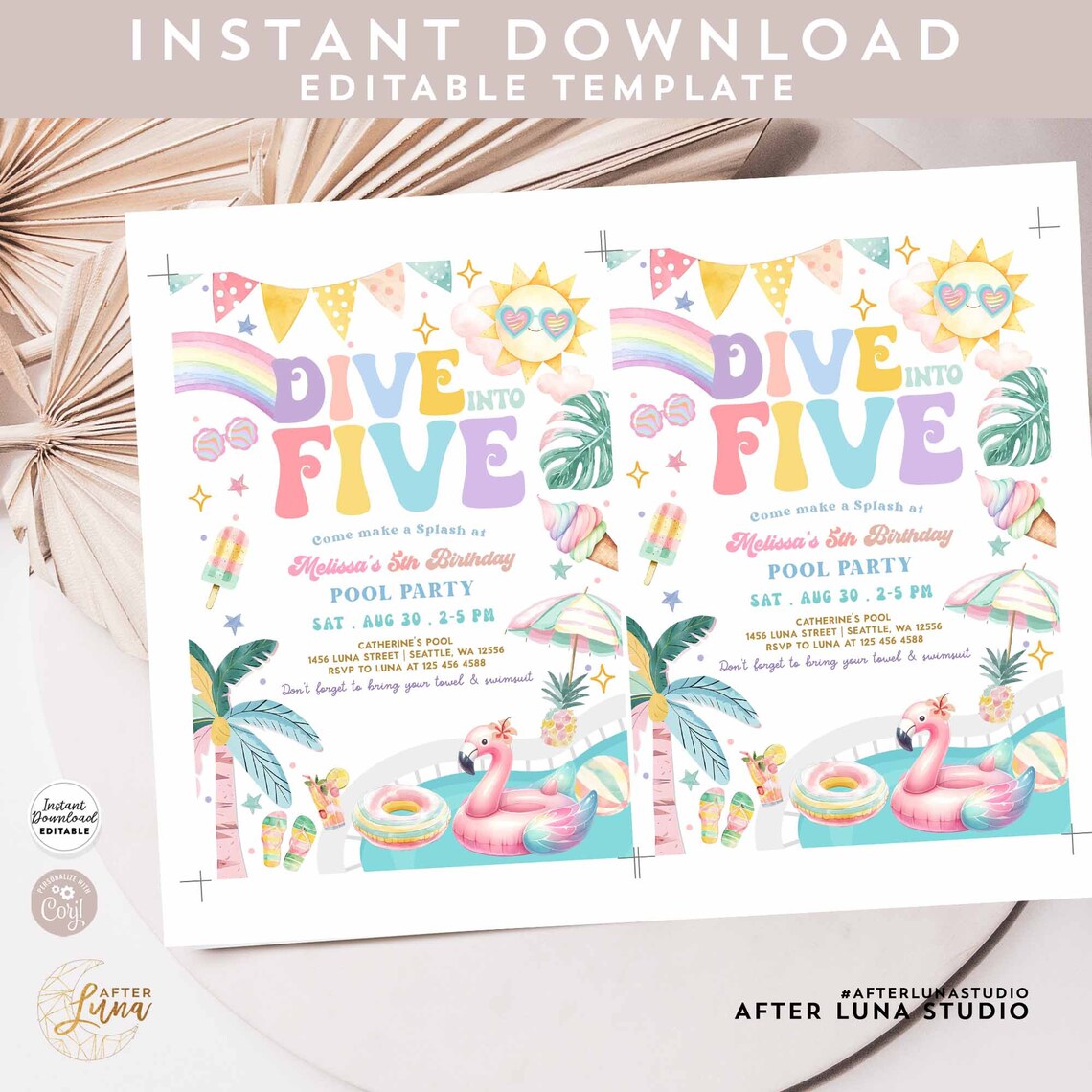 Editable Dive Into FIVE 5th Pool Party Birthday Invitation Girly Pool ...