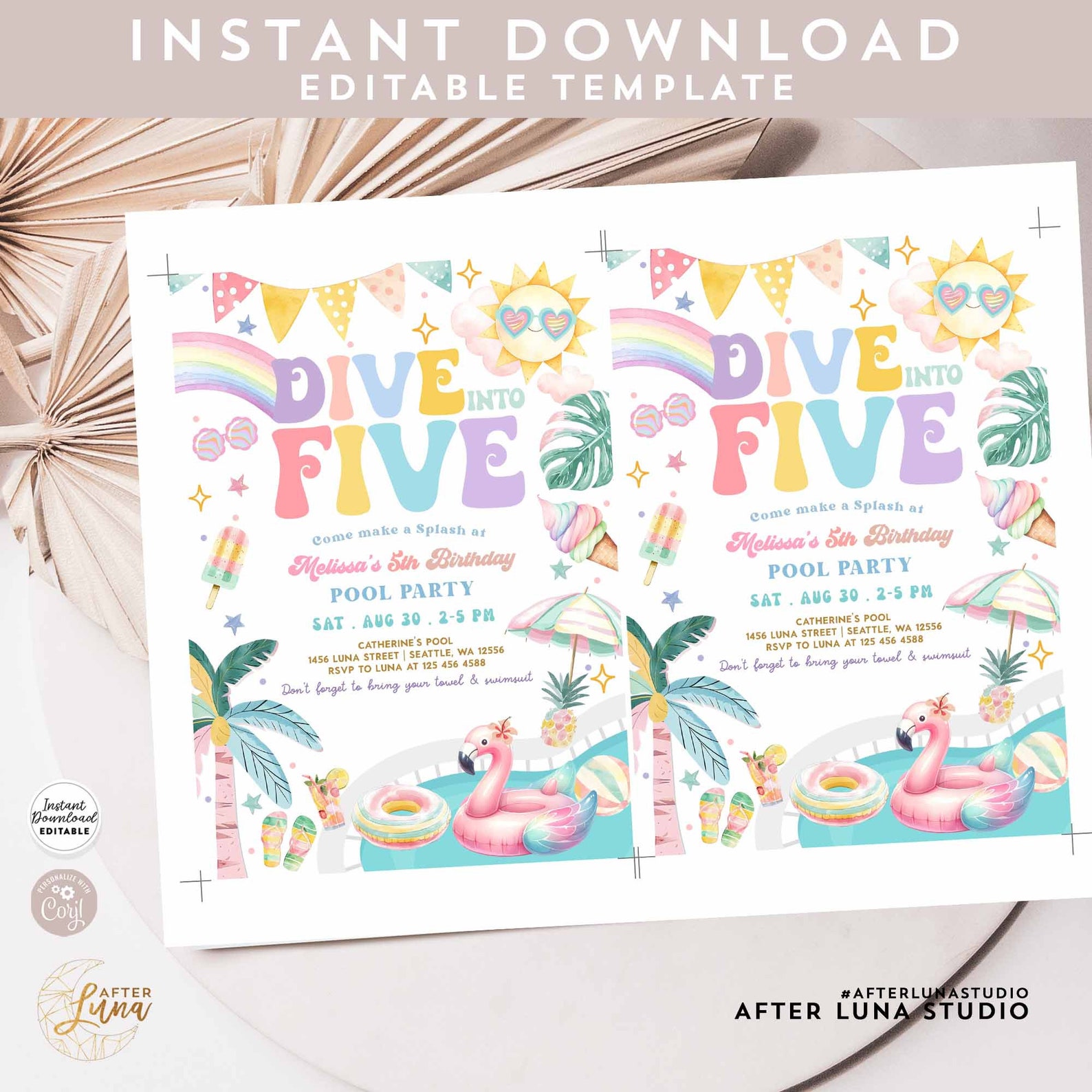 Editable Dive Into FIVE 5th Pool Party Birthday Invitation Girly Pool ...