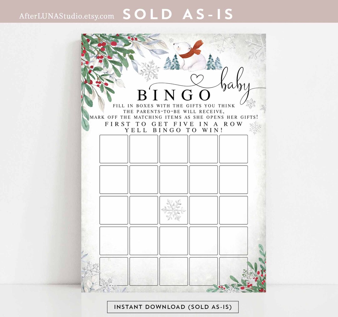 Winter Christmas Polar Bear Baby Bingo Game Baby Shower Game Winter ...