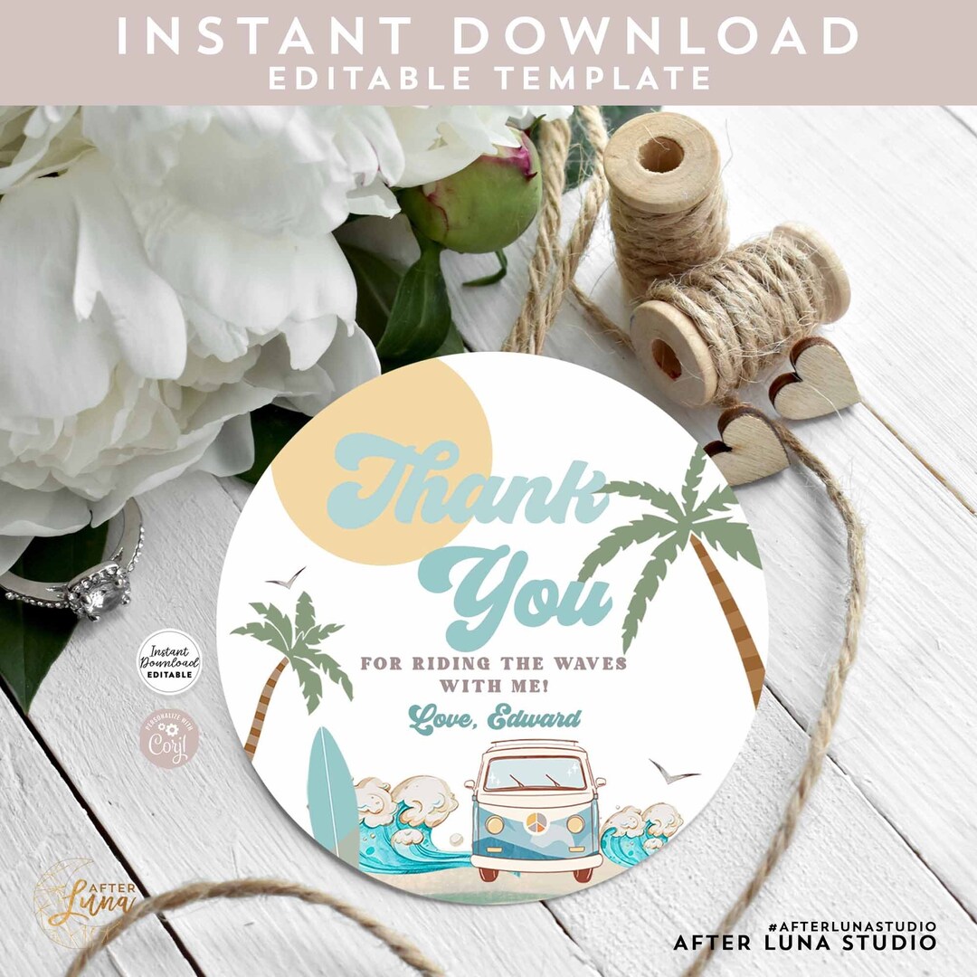 Editable Surf ROUND Tag Boy the Big One Surf up Beach Birthday Party ...