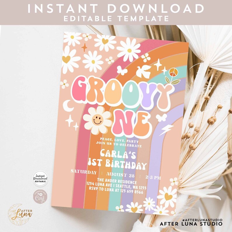 Editable Groovy One Invite Daisy Rainbow Groovy ONE 1st - Etsy