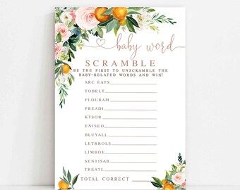 Baby Word Scramble Little Cutie Baby Shower Orange Floral Game ...