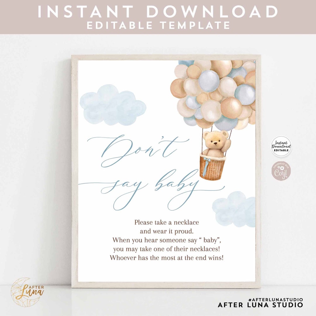 EDITABLE Blue Bear Hot Air Balloon Baby Shower Don't Say Baby Game Sign ...