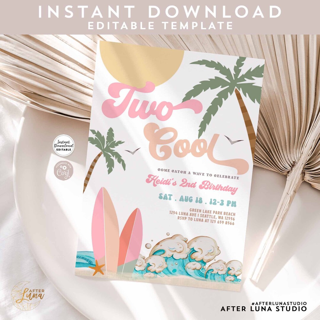 Editable Girl TWO Cool Surfing 2nd Birthday Party Invitation Pink Peach ...
