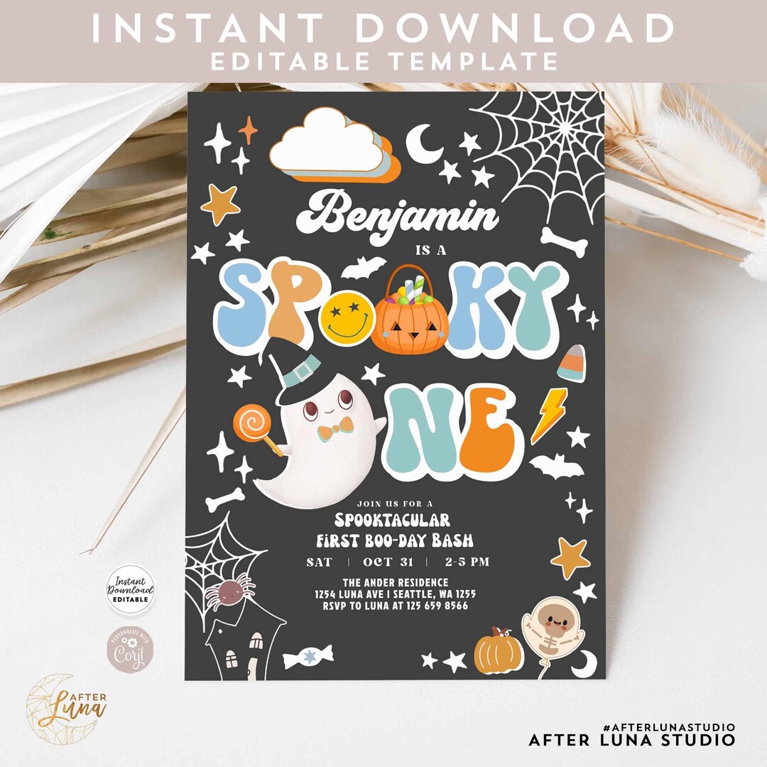 Editable Boy Spooky One Halloween Ghost Spooktacular 1st Birthday Party ...