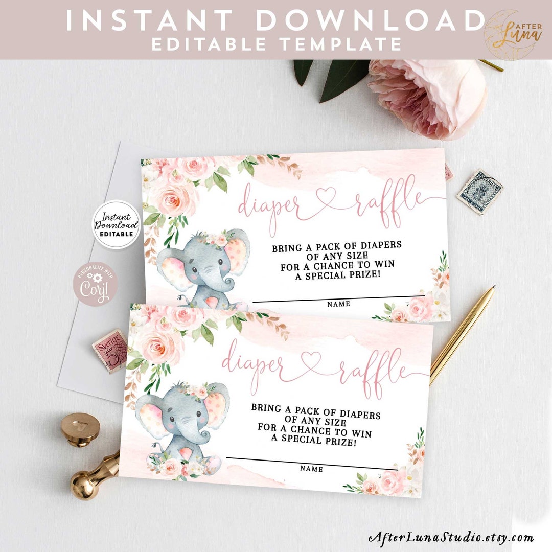 Editable Pink Floral Elephant Girl Baby Shower Sprinkle Diaper Raffle ...