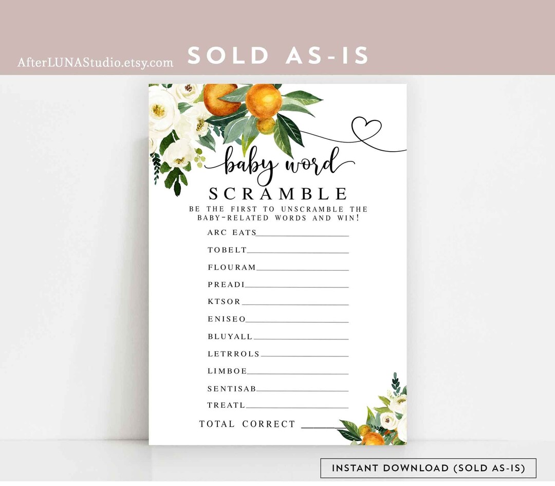 Orange Citrus Baby Shower Baby Word Scramble Game Printable Little ...