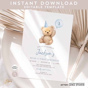 Editable ANY AGE Boy Teddy Bear Birthday Invitation Blue Balloon Beary ...