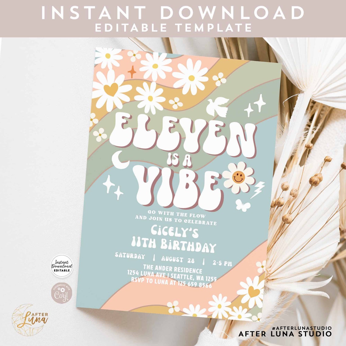 Editable 11th Muted Green Blue ELEVEN is a Vibe Birthday - Etsy
