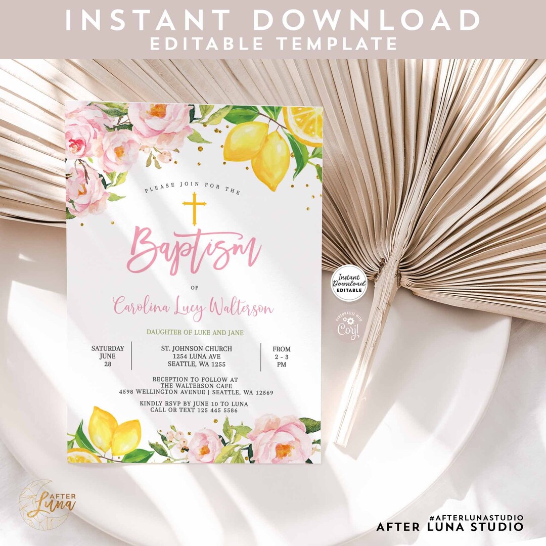 Editable Blush Pink Citrus Lemon Baptism Invitation Invites Printable ...