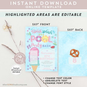Editable Pool Party Birthday Invitation Ice Cream Pool Party Invite ...