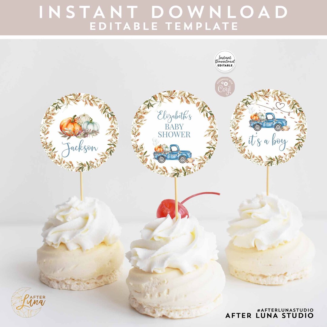 Editable 2" Fall Pumpkin Blue Truck Baby Shower Cupcake Toppers Cupcake ...